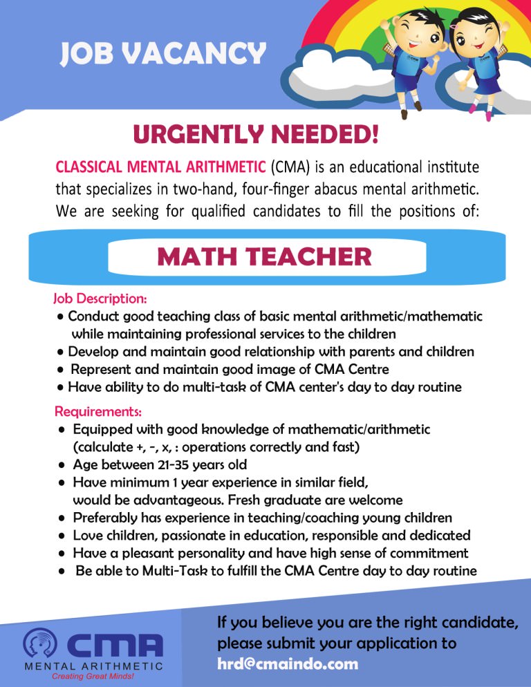Job Vacancy Math Teacher CMA Mental Arithmetic Indonesia